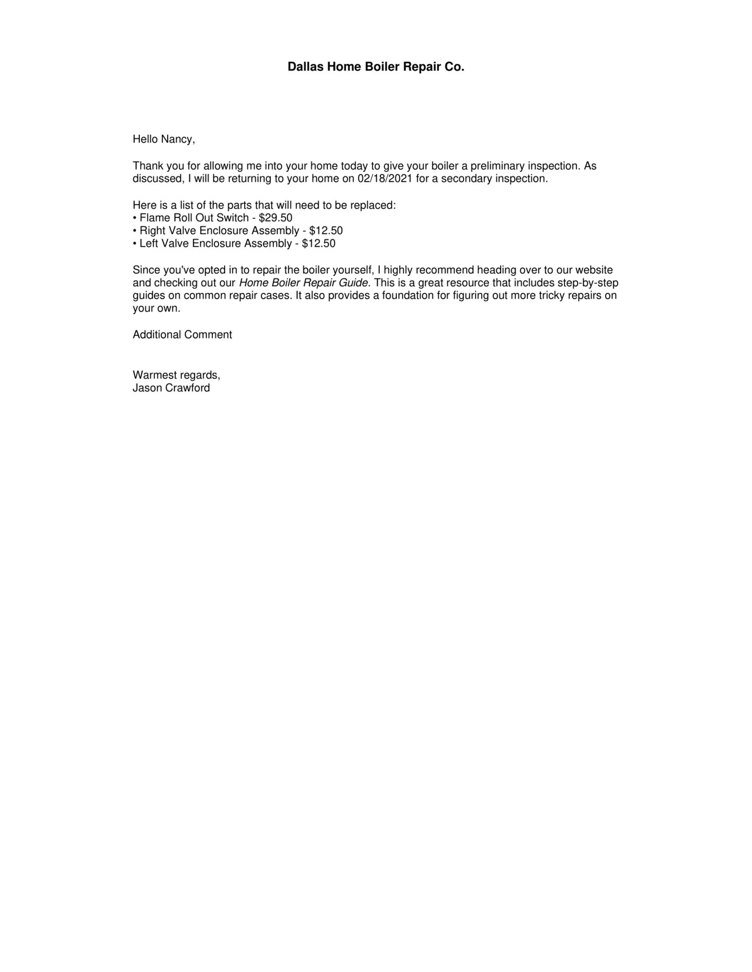 Boiler Inspection Follow-up Letter Update